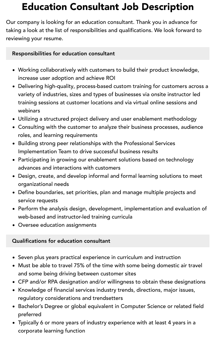 Education Consultant Job Description Velvet Jobs