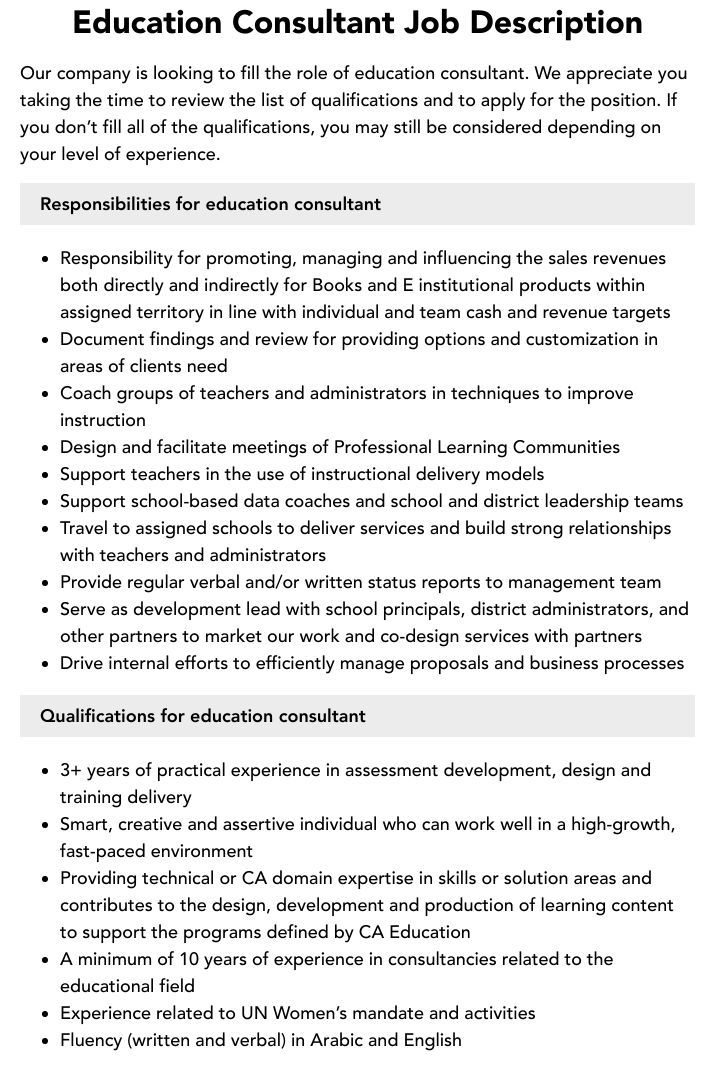 Education Consultant Job Description Velvet Jobs