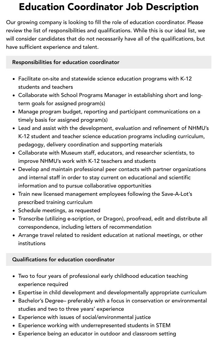 Education Coordinator Job Description Velvet Jobs Education Coordinator Job Description Velvet Jobs