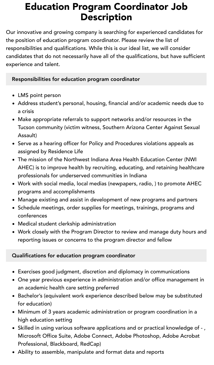 Education Program Coordinator Job Description Velvet Jobs