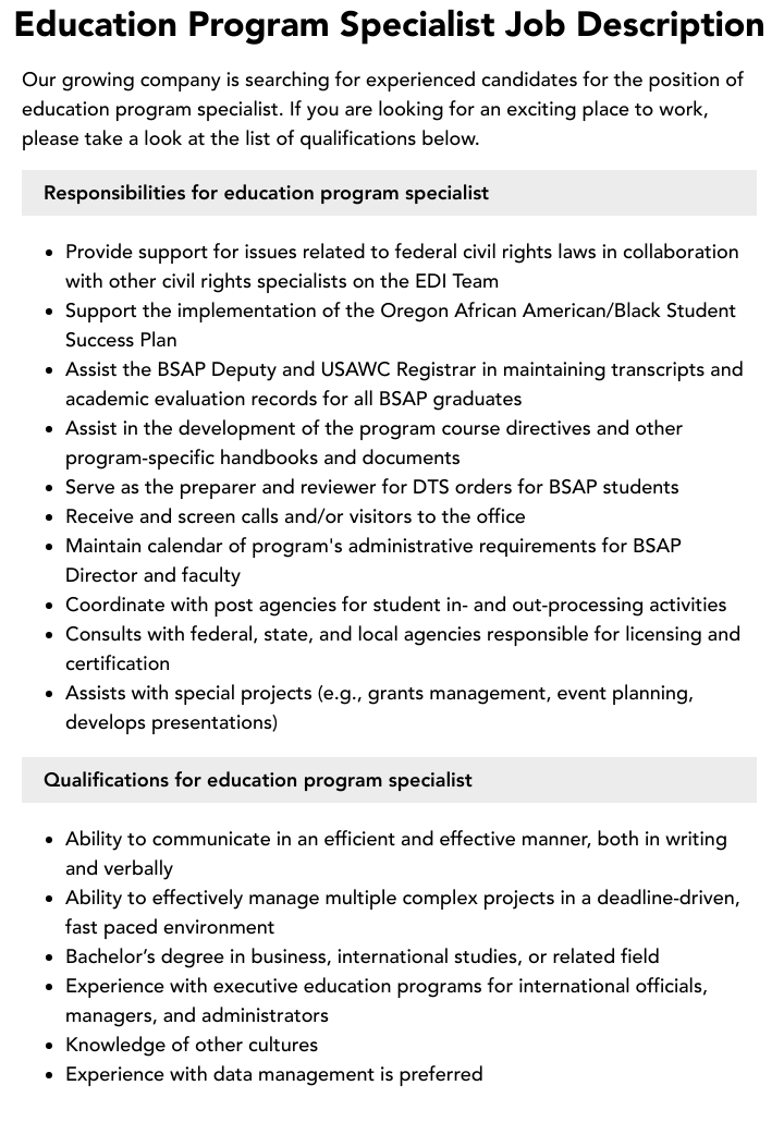 Education Program Specialist Job Description Velvet Jobs