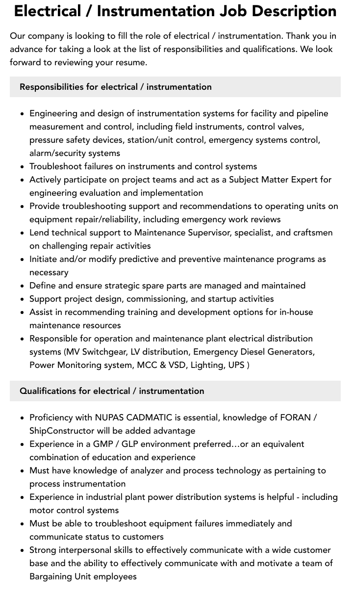 Electrical Instrumentation Job Description Velvet Jobs