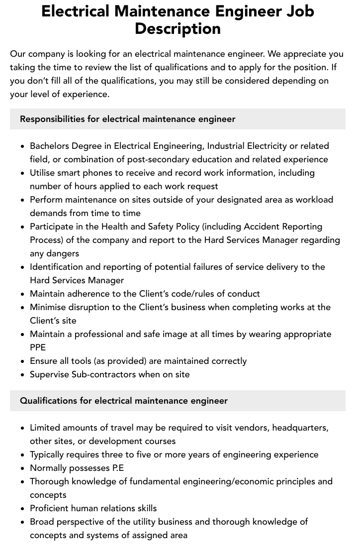 Electrical Maintenance Engineer Roles And Responsibilities Pdf