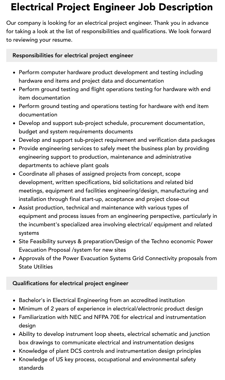 Electrical Project Engineer Roles And Responsibilities