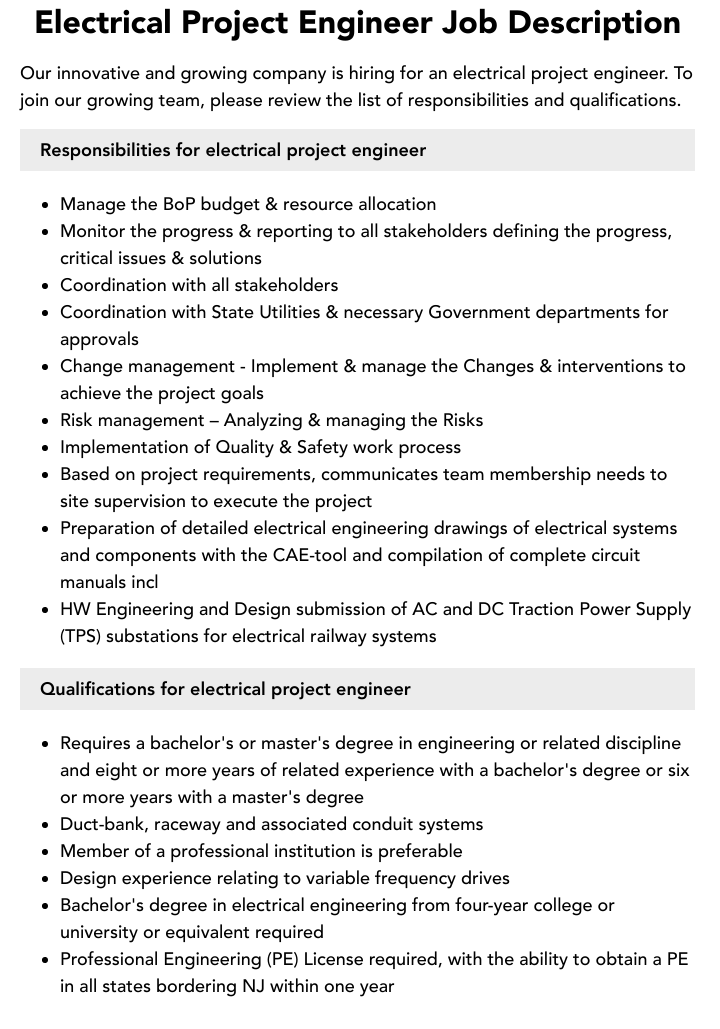 Electrical Project Engineer Job Description Velvet Jobs