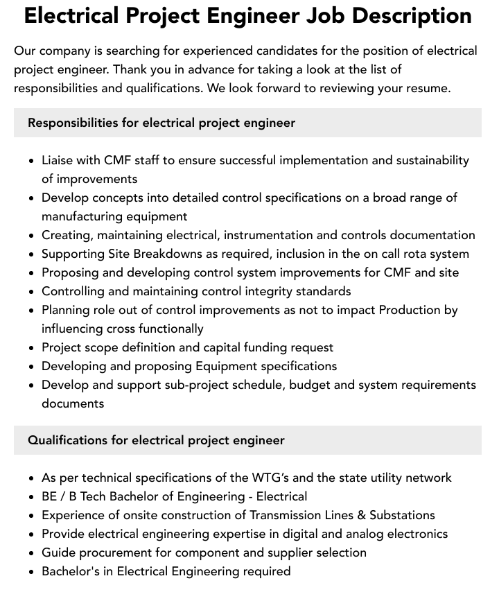 Electrical Project Engineer Roles And Responsibilities