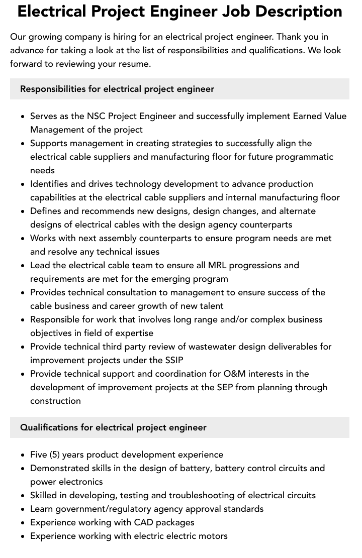 Electrical Project Engineer Job Description Velvet Jobs