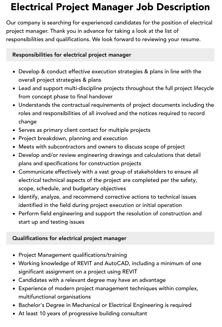 Electrical Project Manager Job Description Velvet Jobs