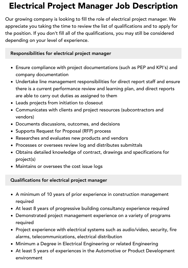 Electrical Project Manager Job Description Velvet Jobs