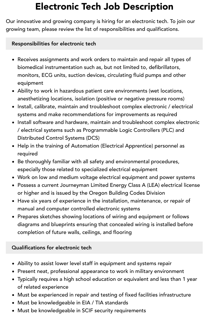 Electronic Tech Job Description Velvet Jobs