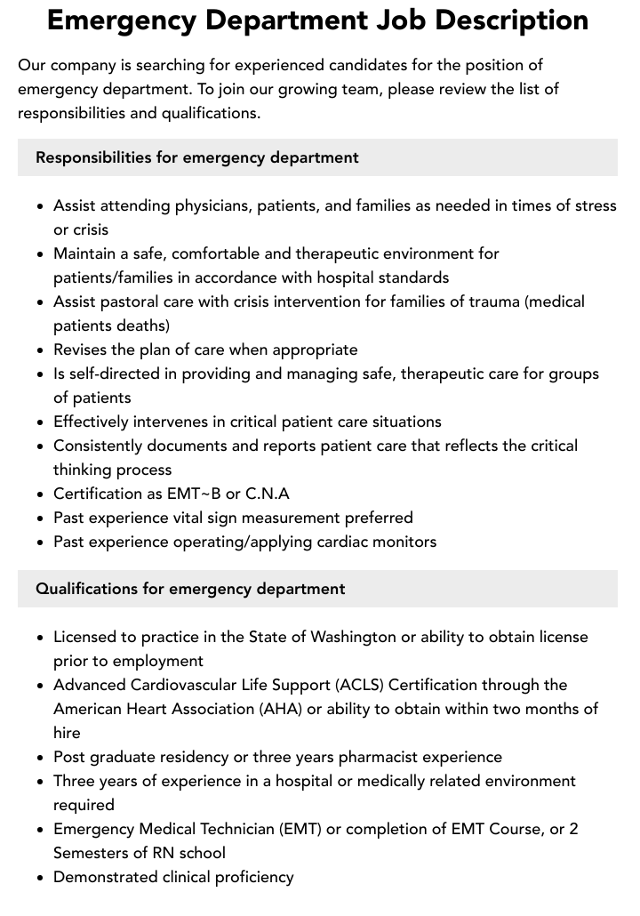 Emergency Department Job Description Velvet Jobs