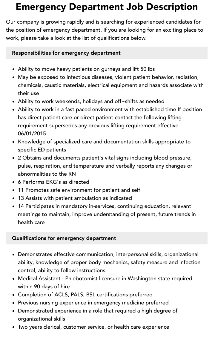 Emergency Department Job Description Velvet Jobs