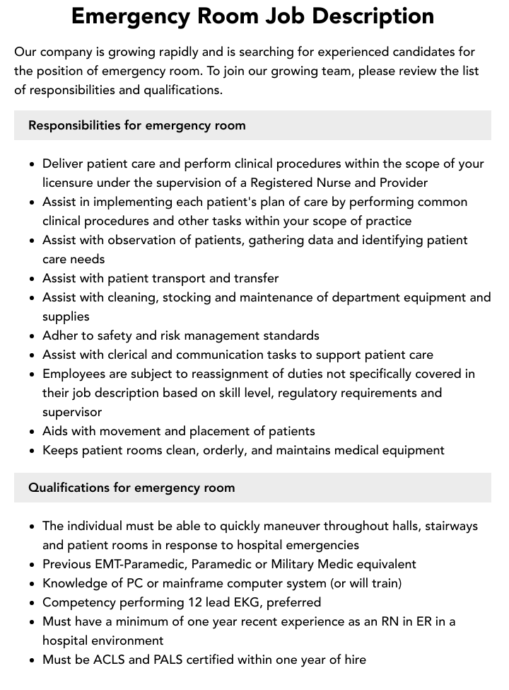 Emergency Room Job Description Velvet Jobs