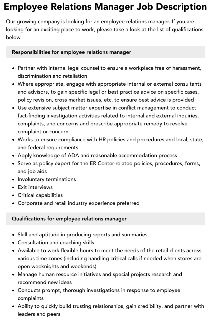 Employee Relations Manager Job Description Velvet Jobs