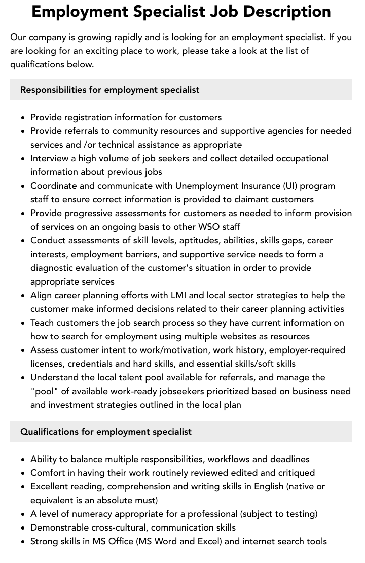Employment Specialist Job Description Velvet Jobs