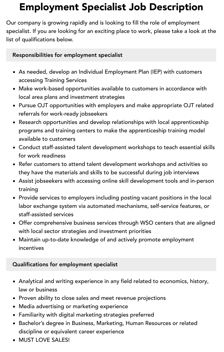 Employment Specialist Job Description Velvet Jobs