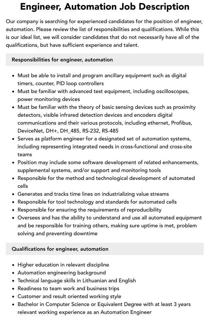 Engineer Automation Job Description Velvet Jobs