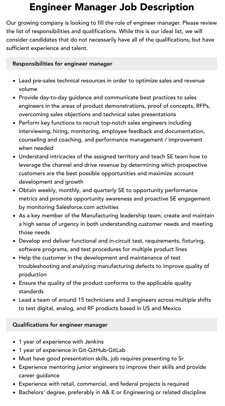 Engineer Manager Job Description | Velvet Jobs