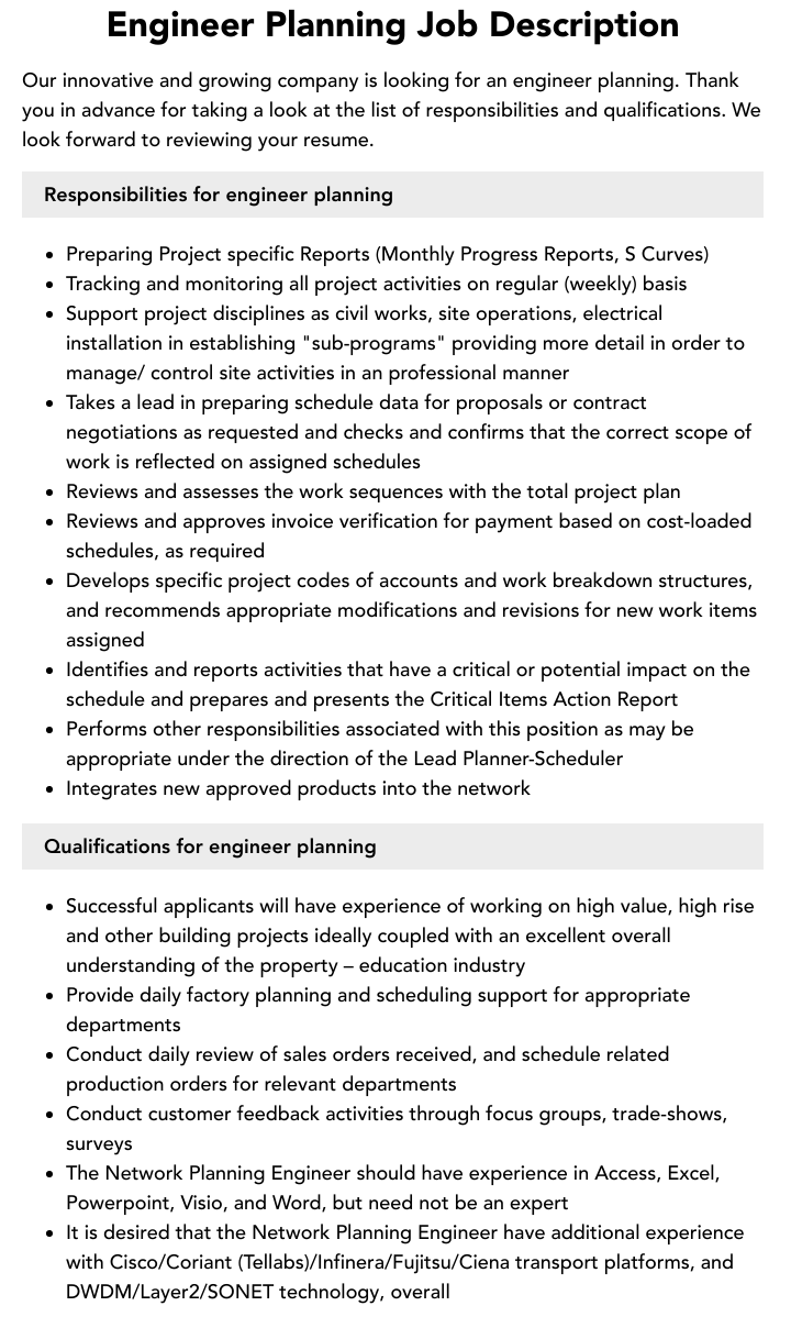 Engineer Planning Job Description Velvet Jobs Engineer Planning Job Description Velvet Jobs