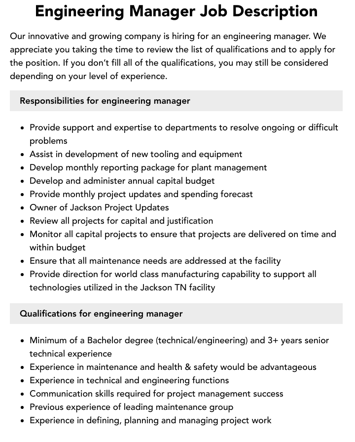Engineering Manager Job Description Velvet Jobs