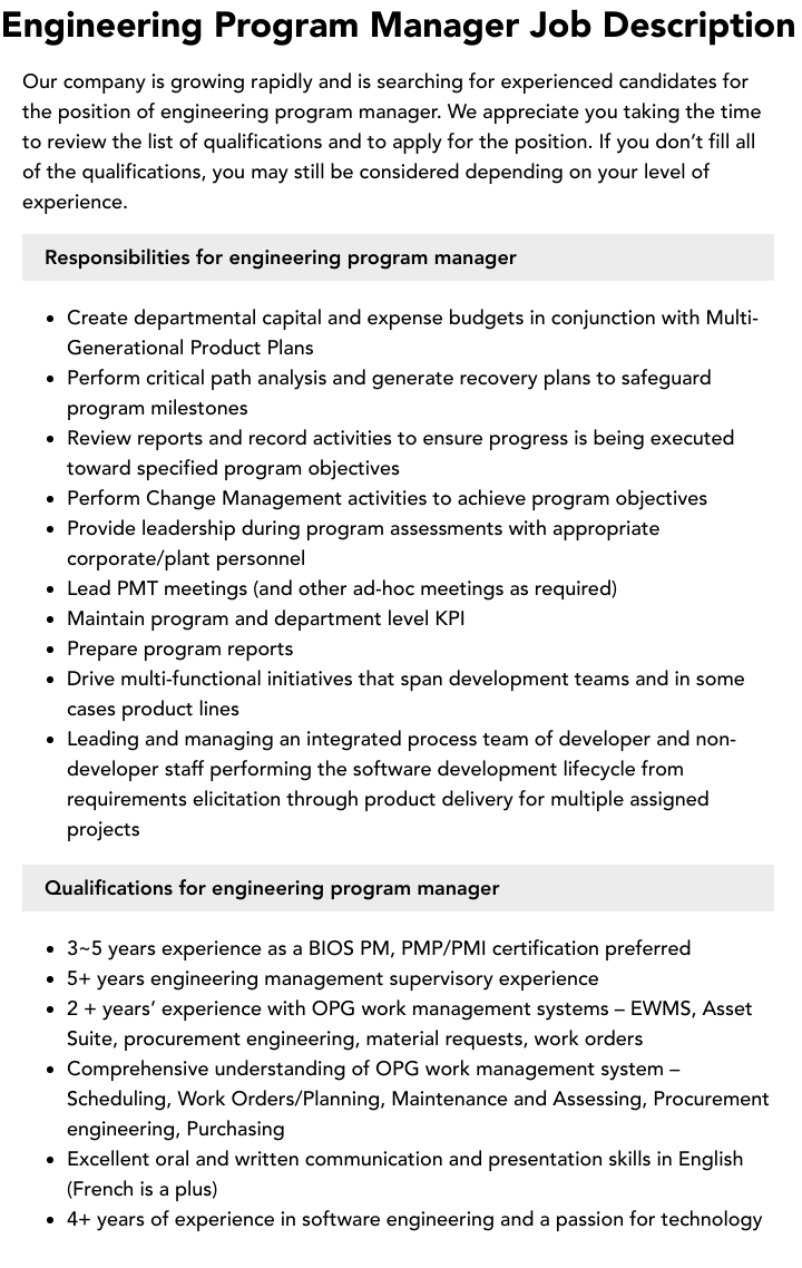 Engineering Program Manager Job Description Velvet Jobs