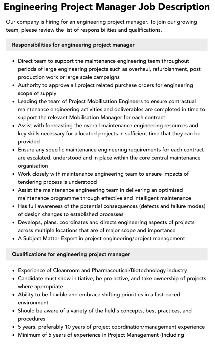  Engineering Project Manager Job Description Velvet Jobs