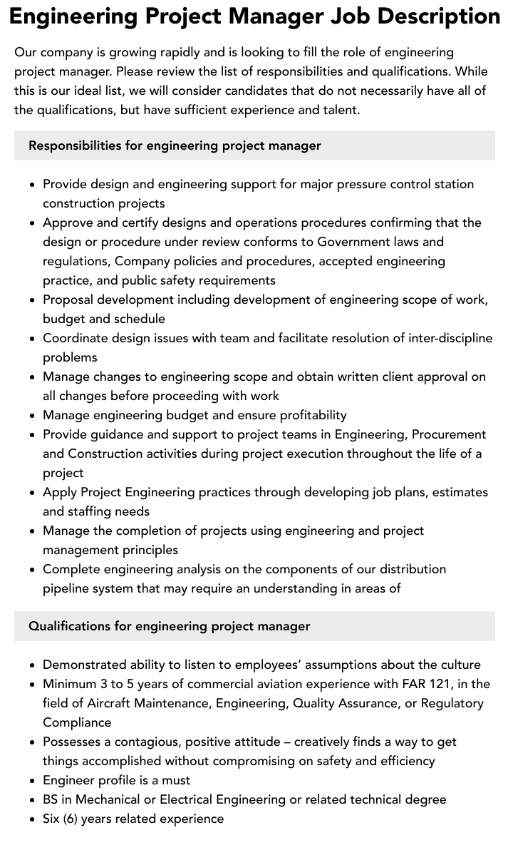Engineering Project Manager Job Description Velvet Jobs