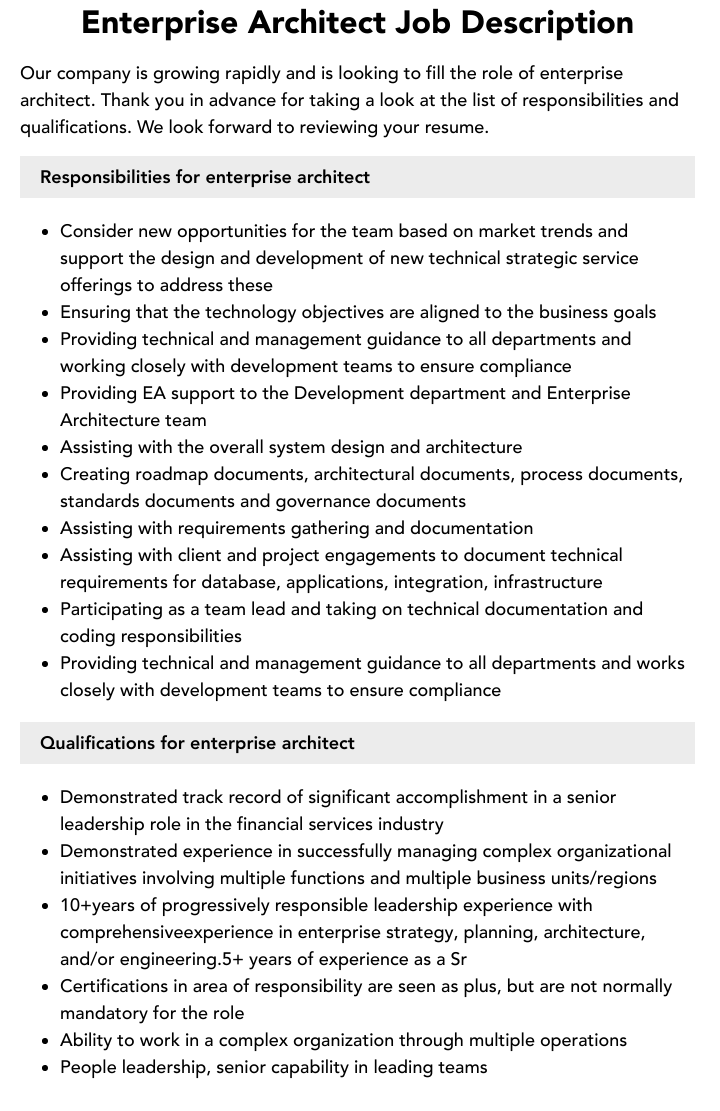 Enterprise Architect Job Description Velvet Jobs
