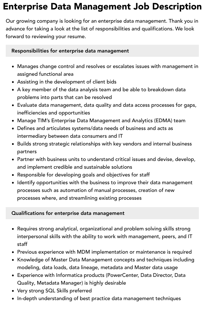 Enterprise Data Management Job Description Velvet Jobs