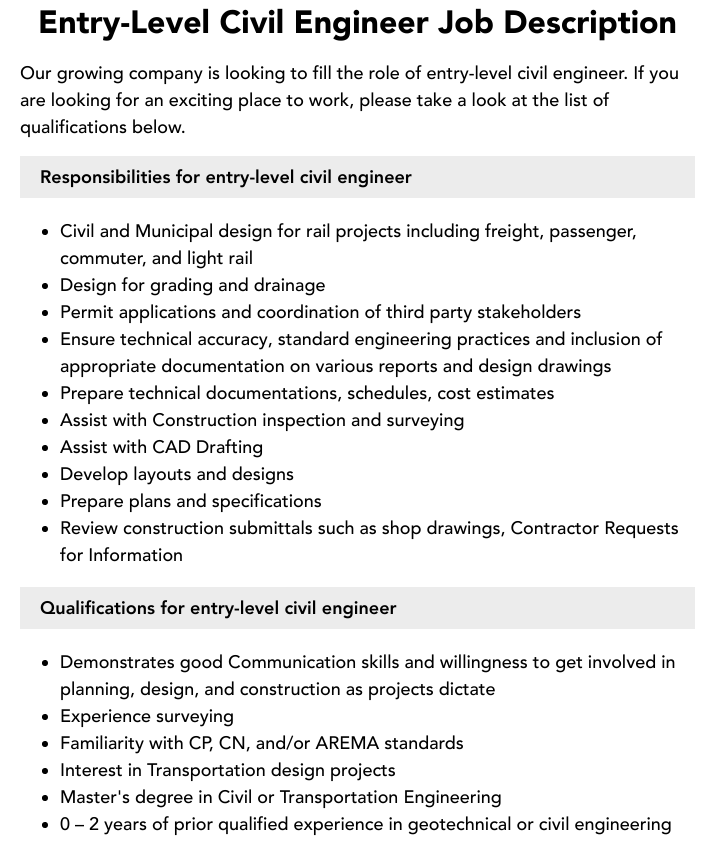  Entry Level Civil Engineer Job Description Velvet Jobs