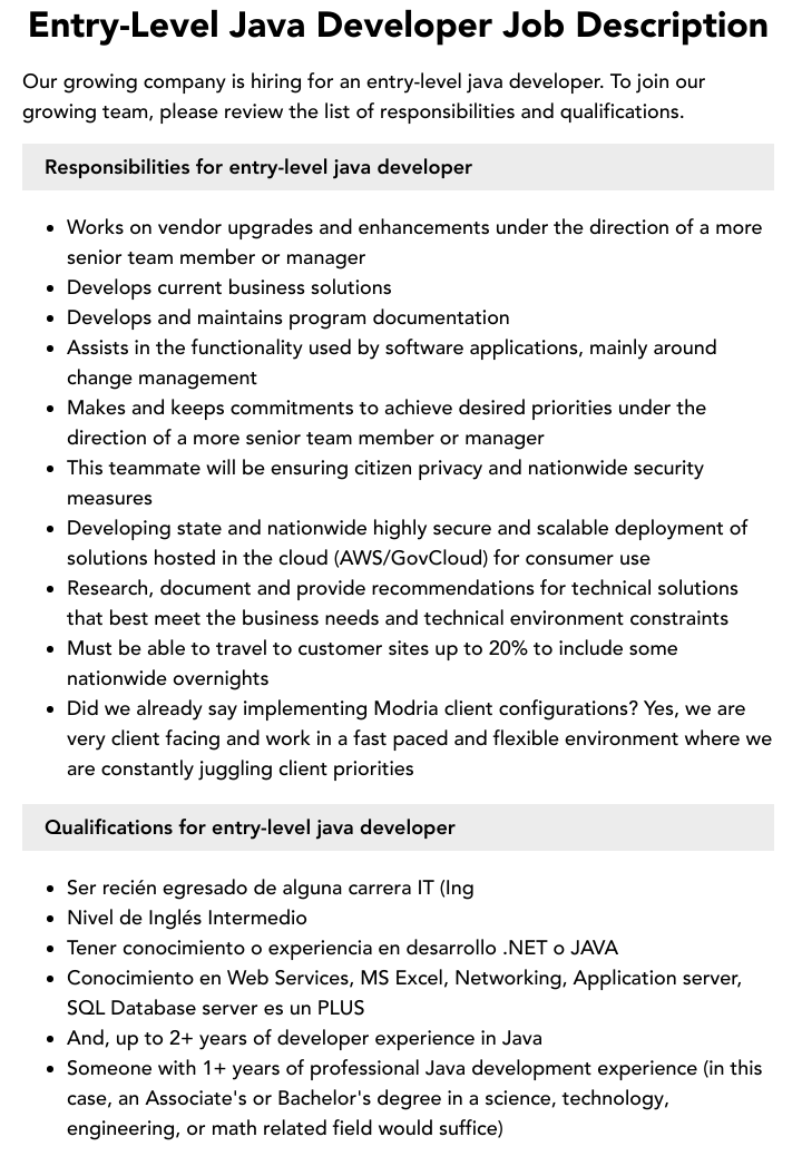Entry Level Java Developer Job Description Velvet Jobs
