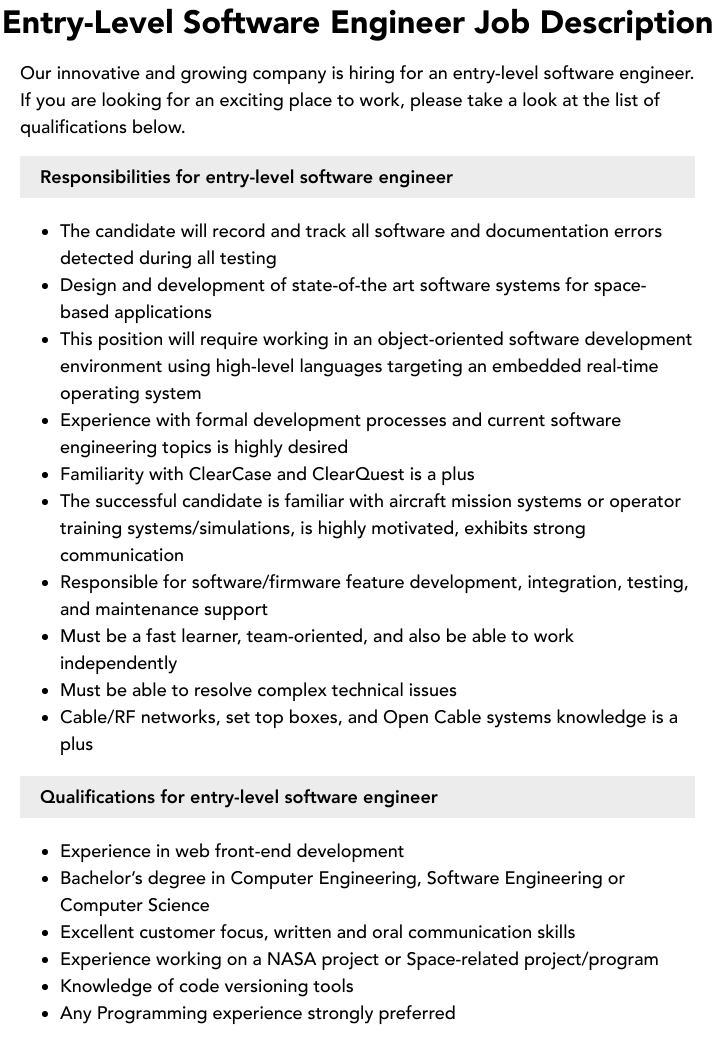 Entry Level Software Engineer Job Description Velvet Jobs