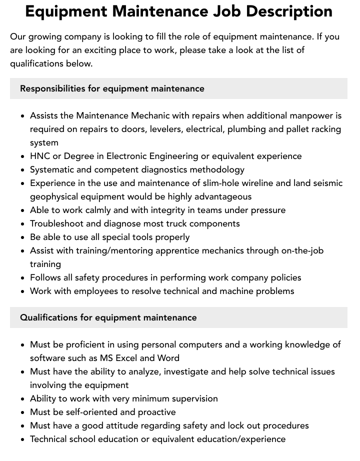 Equipment Maintenance Job Description Velvet Jobs