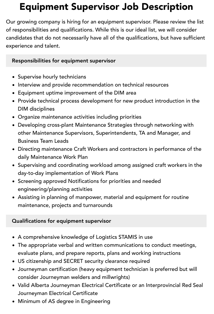 Equipment Supervisor Job Description Velvet Jobs Equipment Supervisor Job Description Velvet Jobs