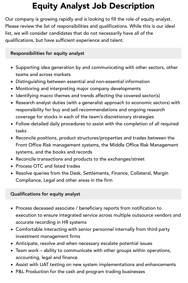 Equity Analyst Job Description Velvet Jobs