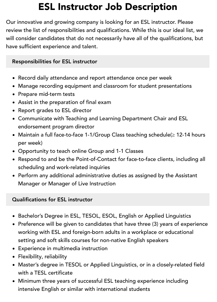 ESL Instructor Job Description Velvet Jobs