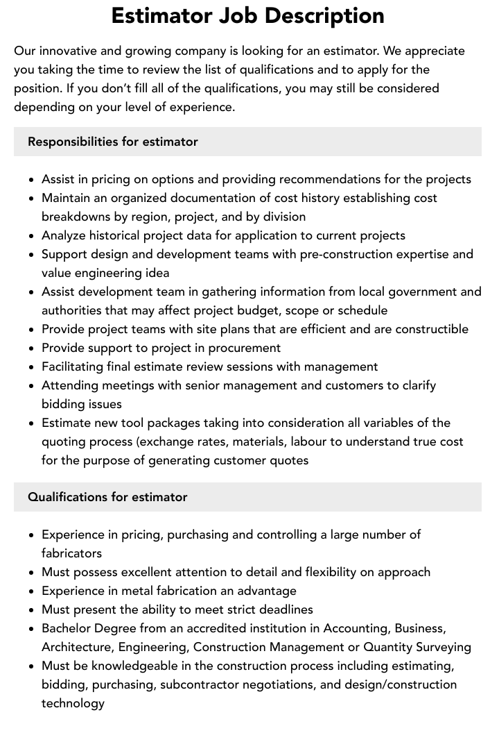 Estimator Job Description Velvet Jobs