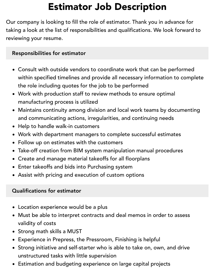 Estimator Job Description Velvet Jobs