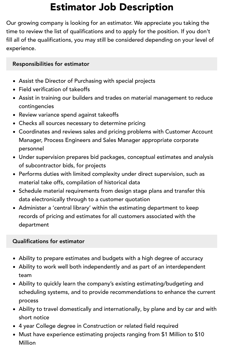 Estimator Job Description Velvet Jobs