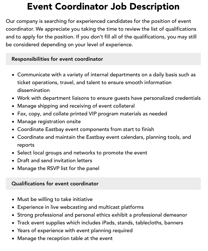Event Coordinator Job Description Velvet Jobs