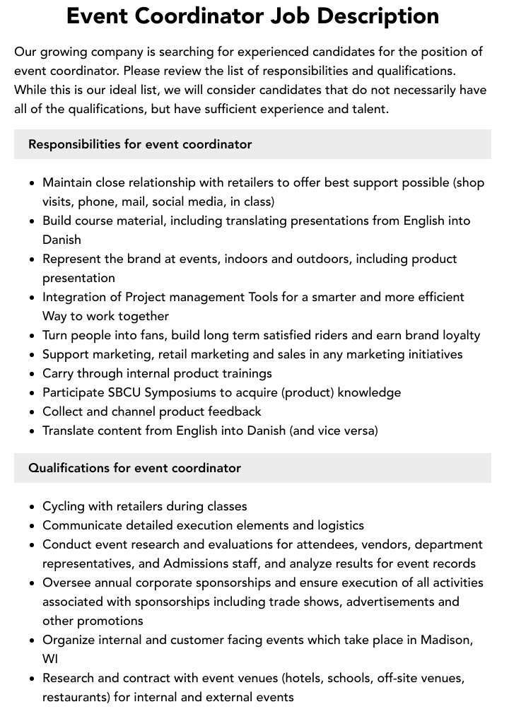 Event Coordinator Job Description Velvet Jobs