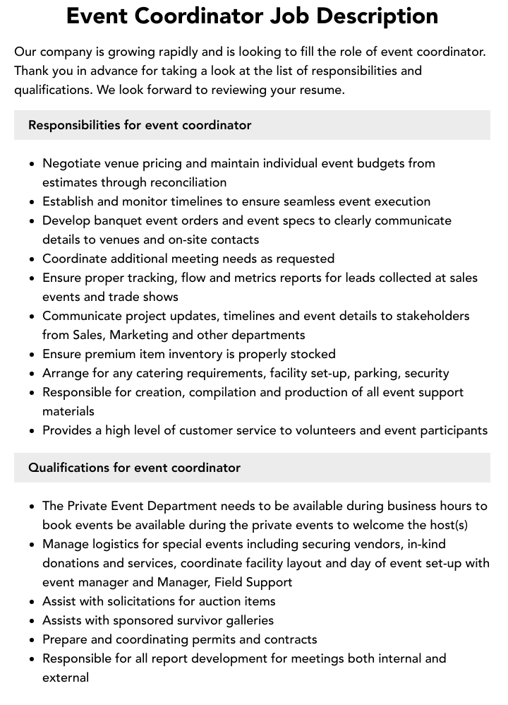 Roles And Responsibilities Of Event Coordinator