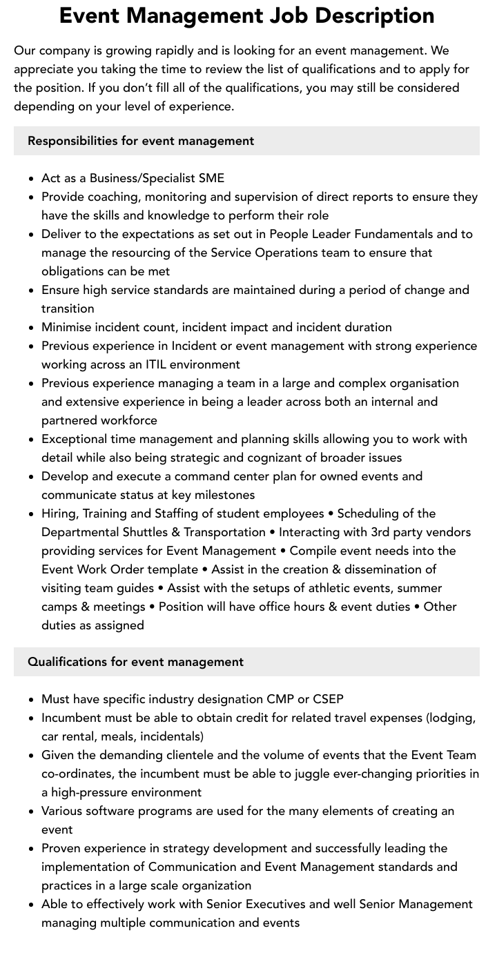 Event Management Job Description Velvet Jobs