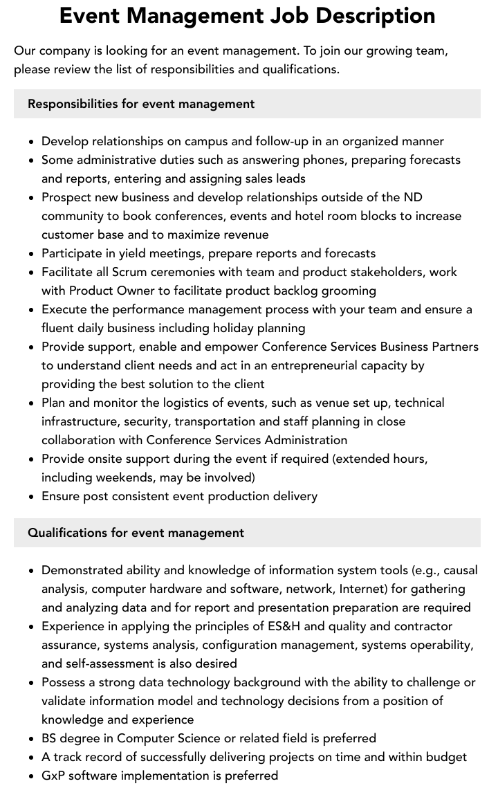 Event Management Job Description Velvet Jobs