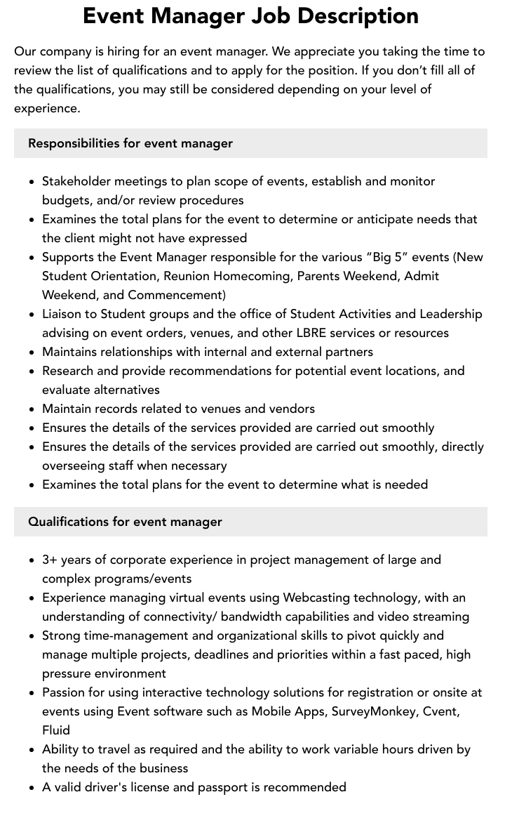 Event Manager Job Description Velvet Jobs