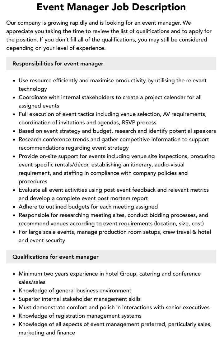 Event Manager Job Description Velvet Jobs