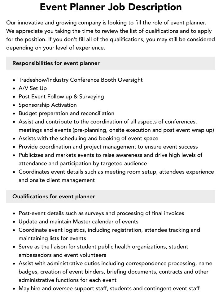 Event Planner Job Description Velvet Jobs