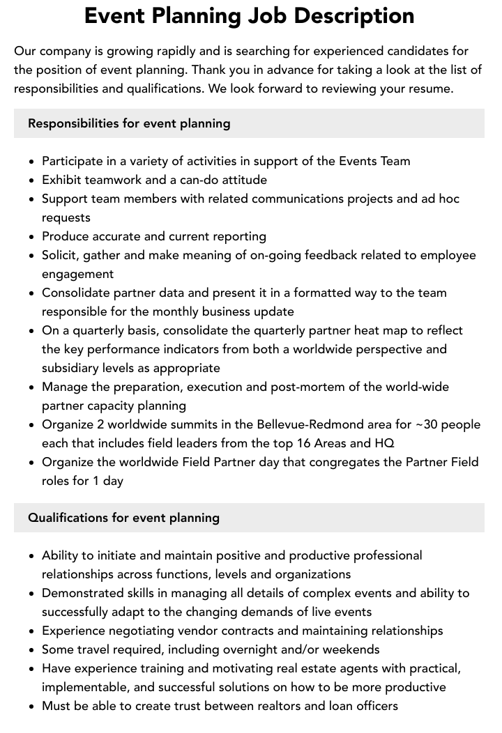 Event Planning Job Description Velvet Jobs