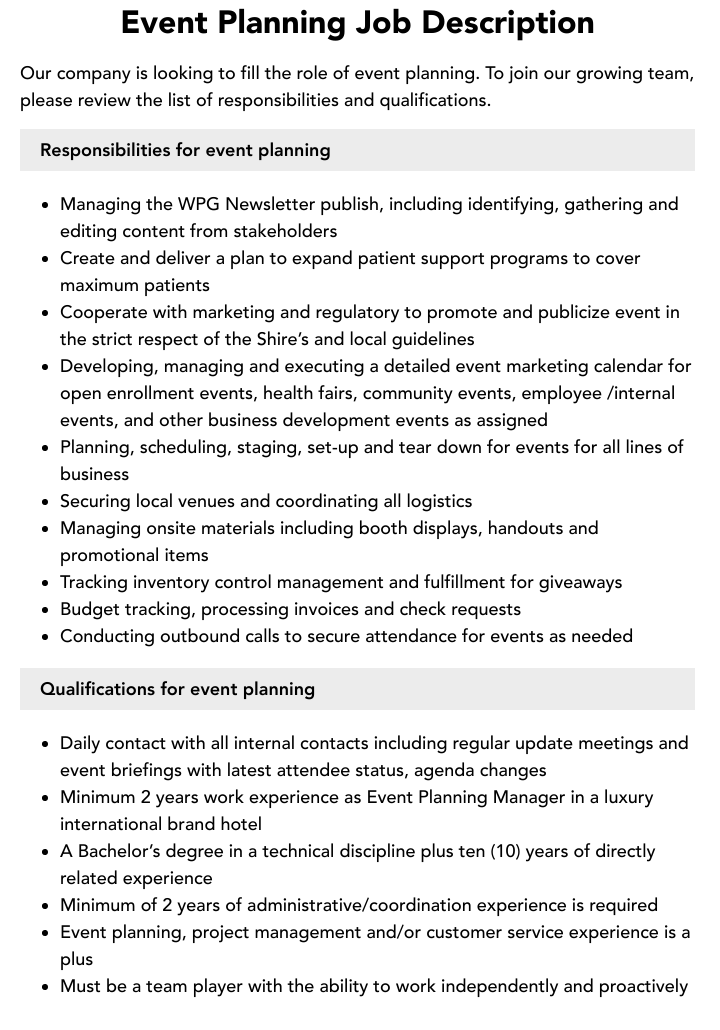 Event Planning Job Description Velvet Jobs