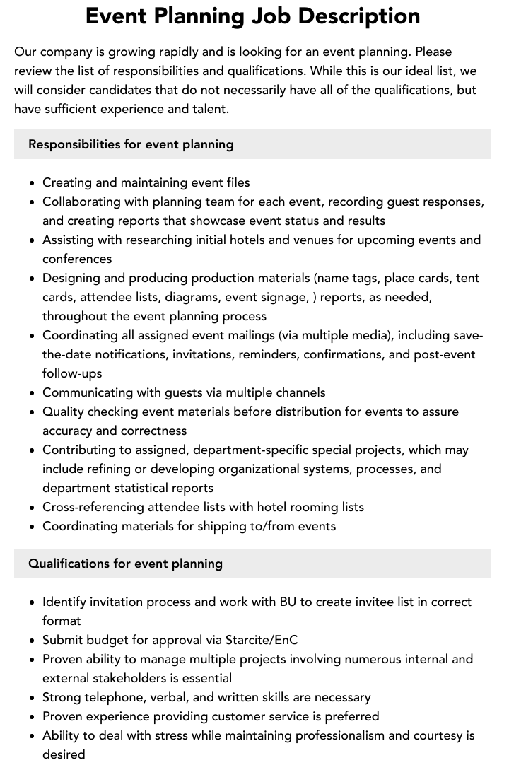 Event Planning Job Description Velvet Jobs